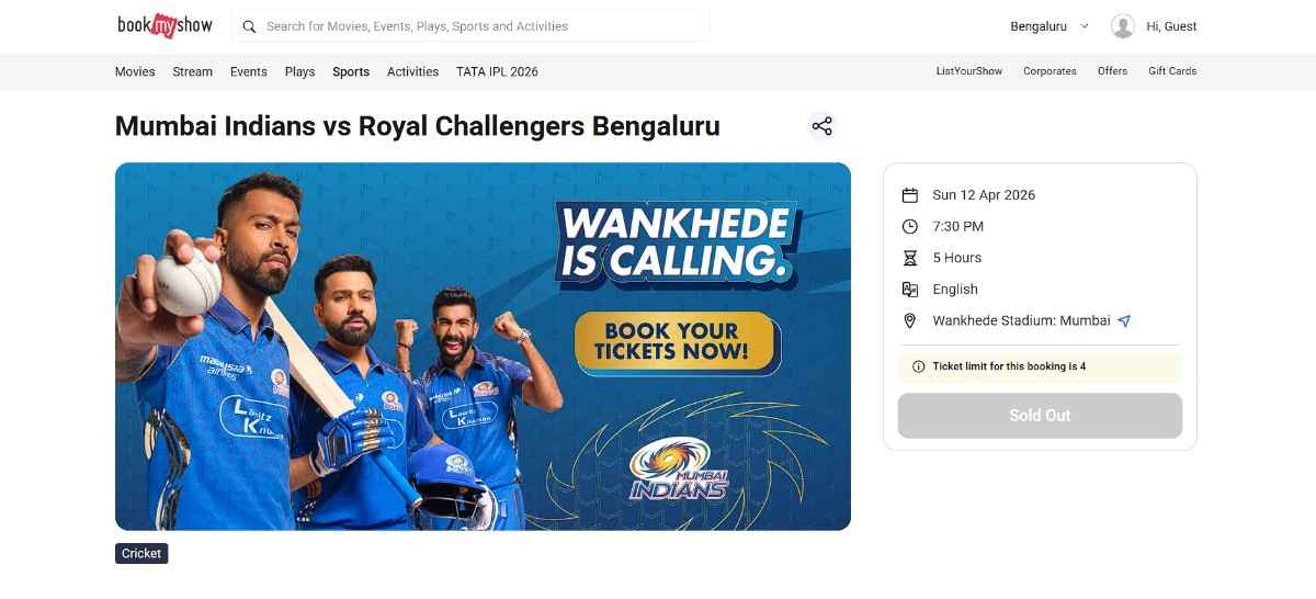MI vs RCB IPL 2026 Match 20 Tickets: Prices & Booking Details