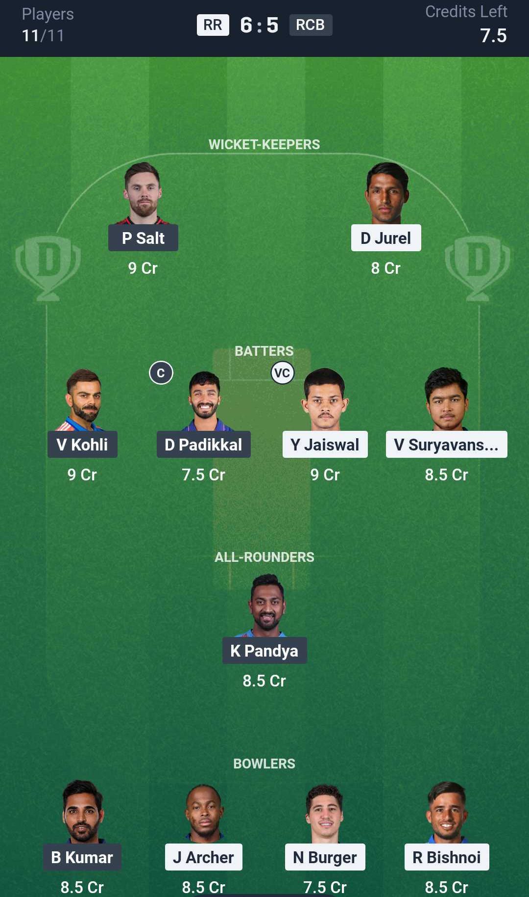 RR vs RCB Match 16 Dream11 Prediction IPL (10 April 2026)